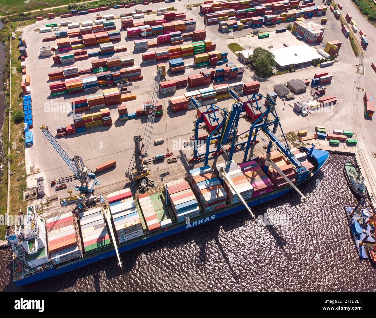 Varna, Bulgaria - 25 may 2022. Aerial top view of a container ship ...