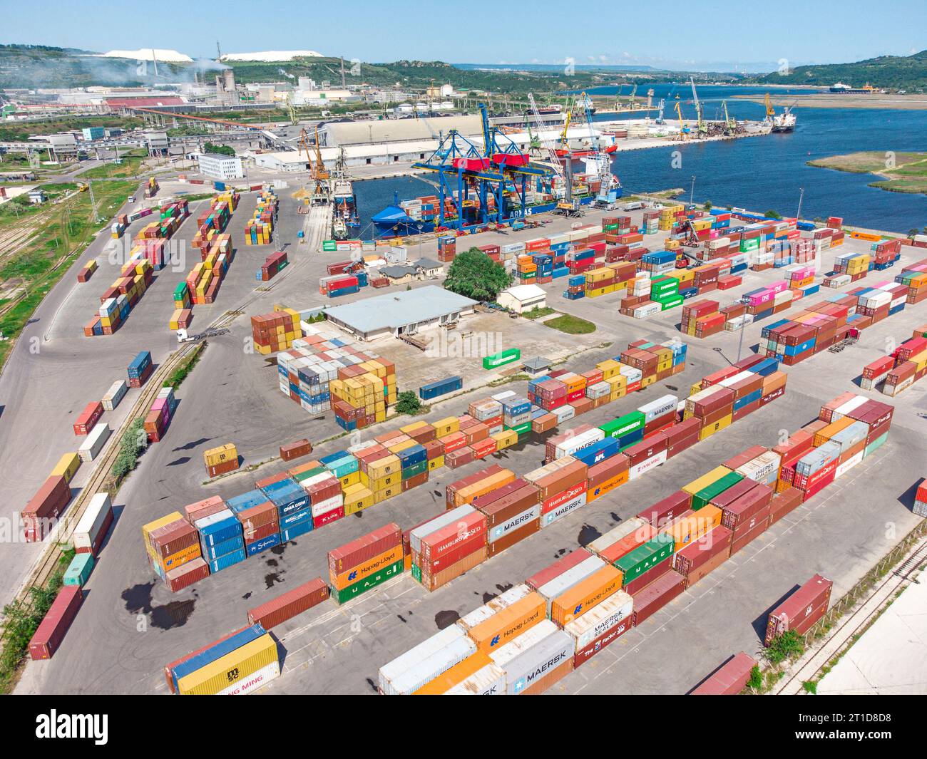 Varna, Bulgaria - 25 may 2022. Aerial top view of Container terminal ...