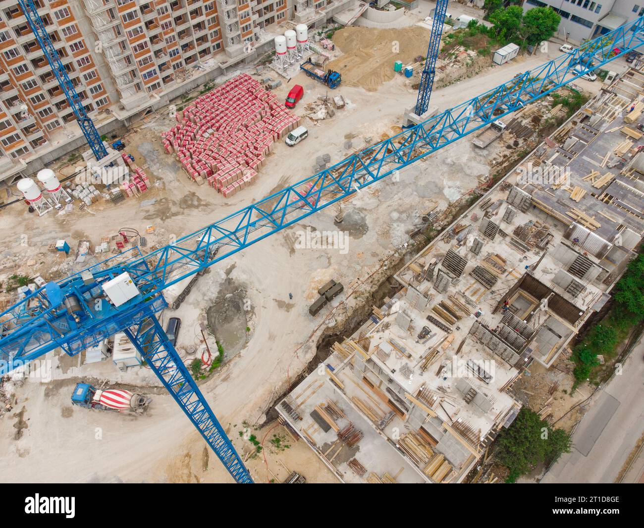 Busy Construction Site and Construction Equipment Aerial top view Stock ...