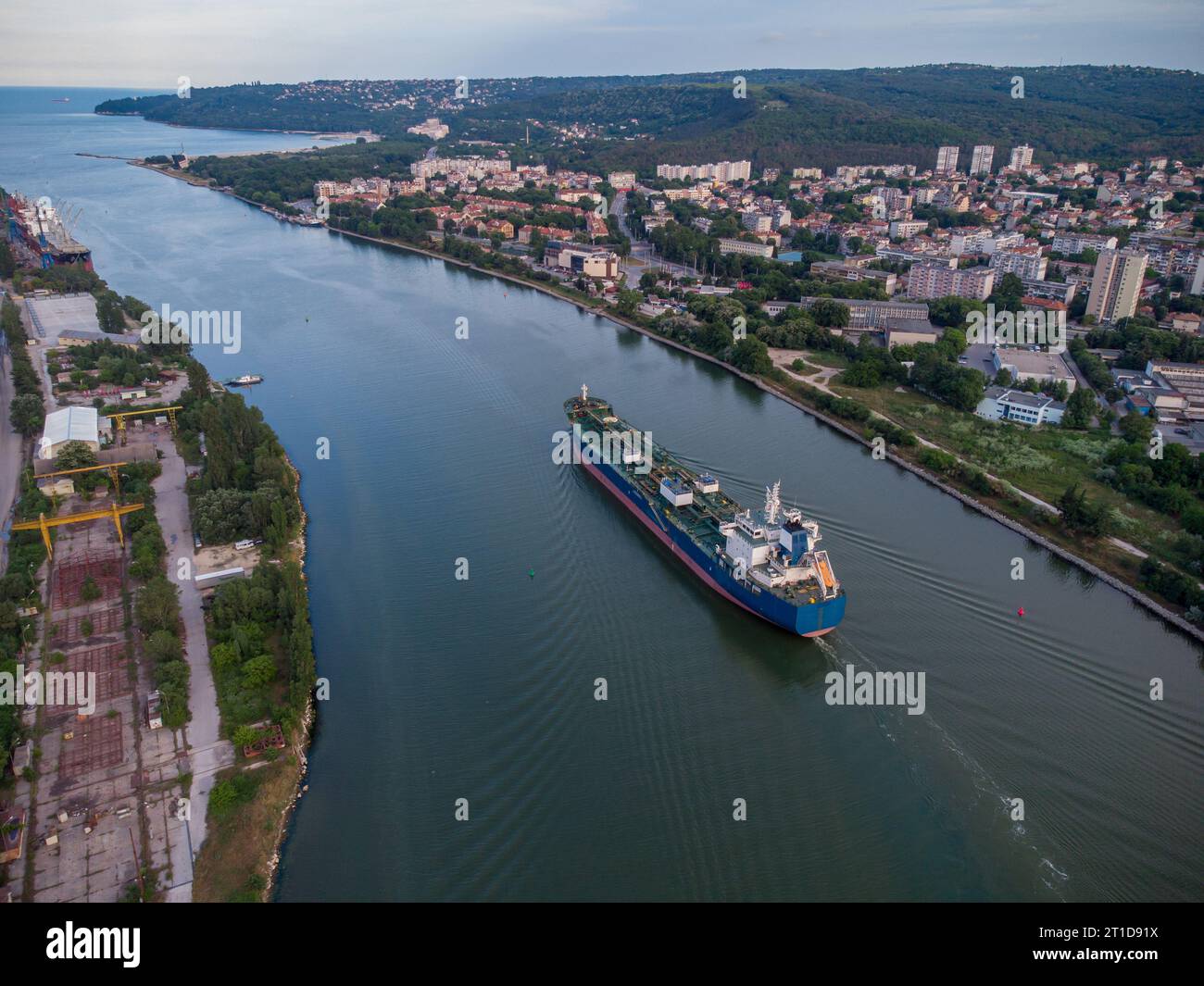 Large general cargo ship tanker bulk carrier, Top down aerial view ...