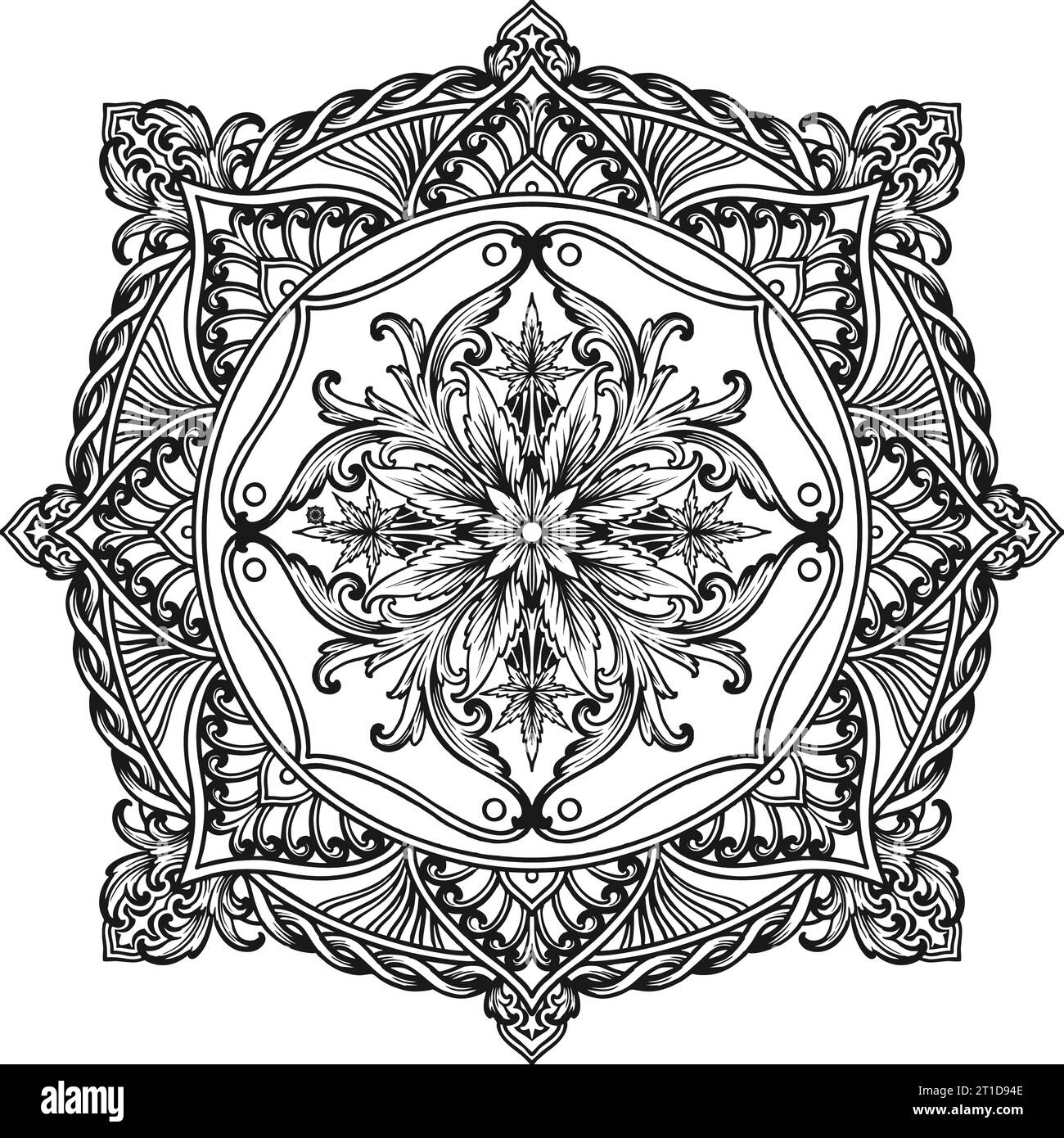 Elegant cannabis mandala leaf flourish monochrome vector illustrations ...
