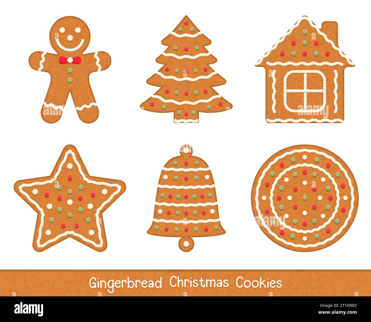 Set of gingerbread Christmas cookies - man, tree, house, star, bell and ...
