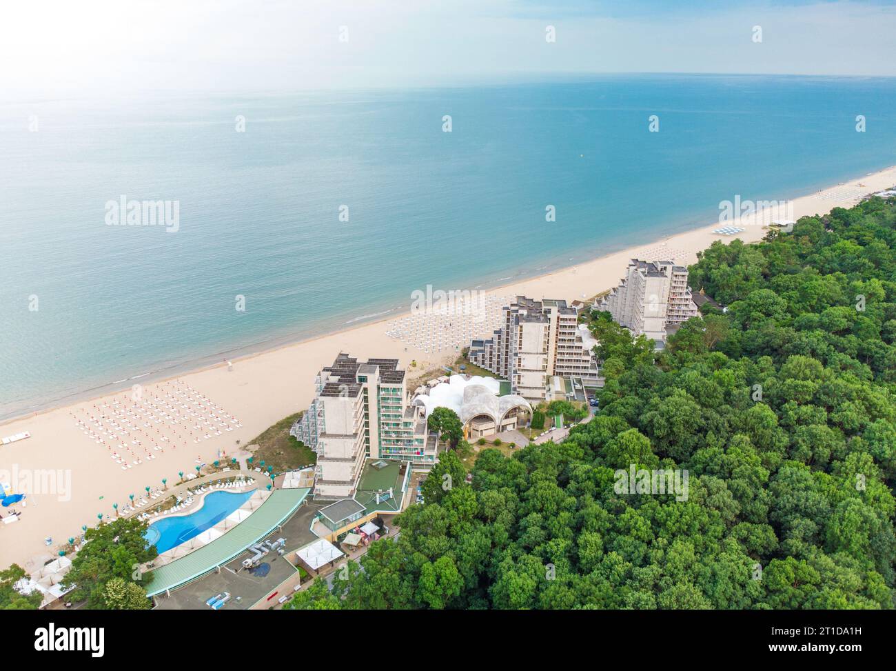 Aerial top view of Albena empty sandy beach resort, Bulgaria Stock ...