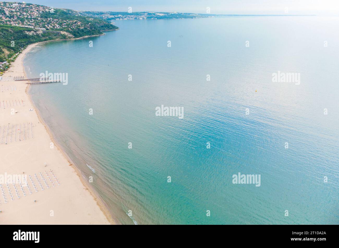 Aerial top view of Albena empty sandy beach resort, Bulgaria Stock ...