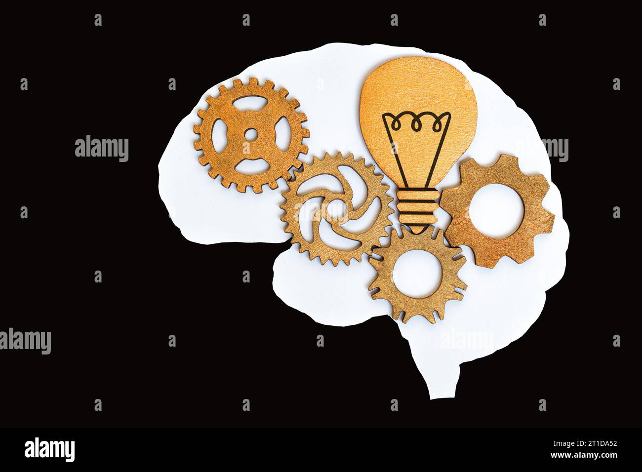 Human brain outline with wooden cogs and lightbulb isolated on black ...
