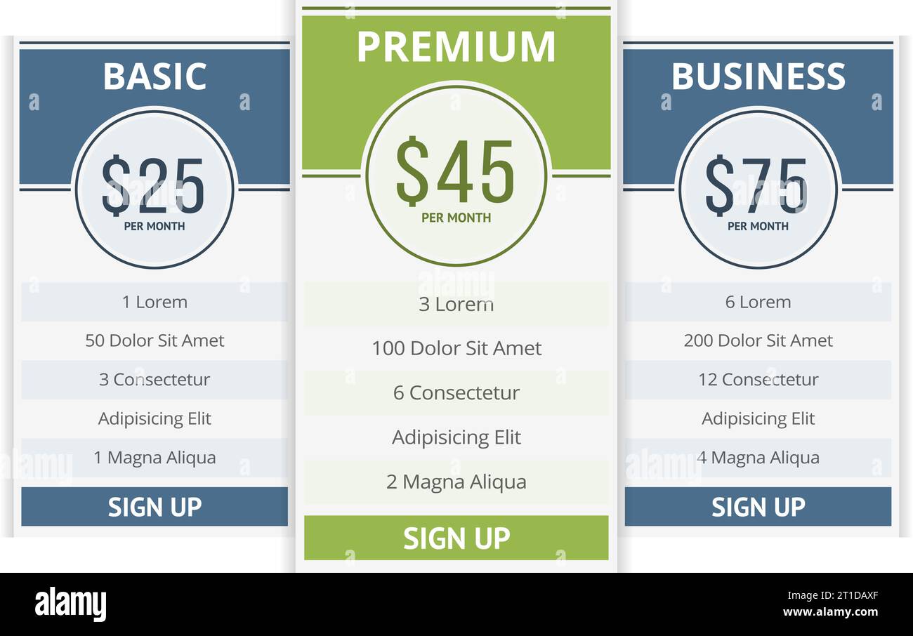 Pricing table template with three plans for websites, vector eps10 ...