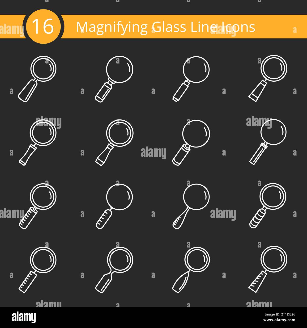 Set of 16 magnifying glass line icons, zoom icons set, dark background ...