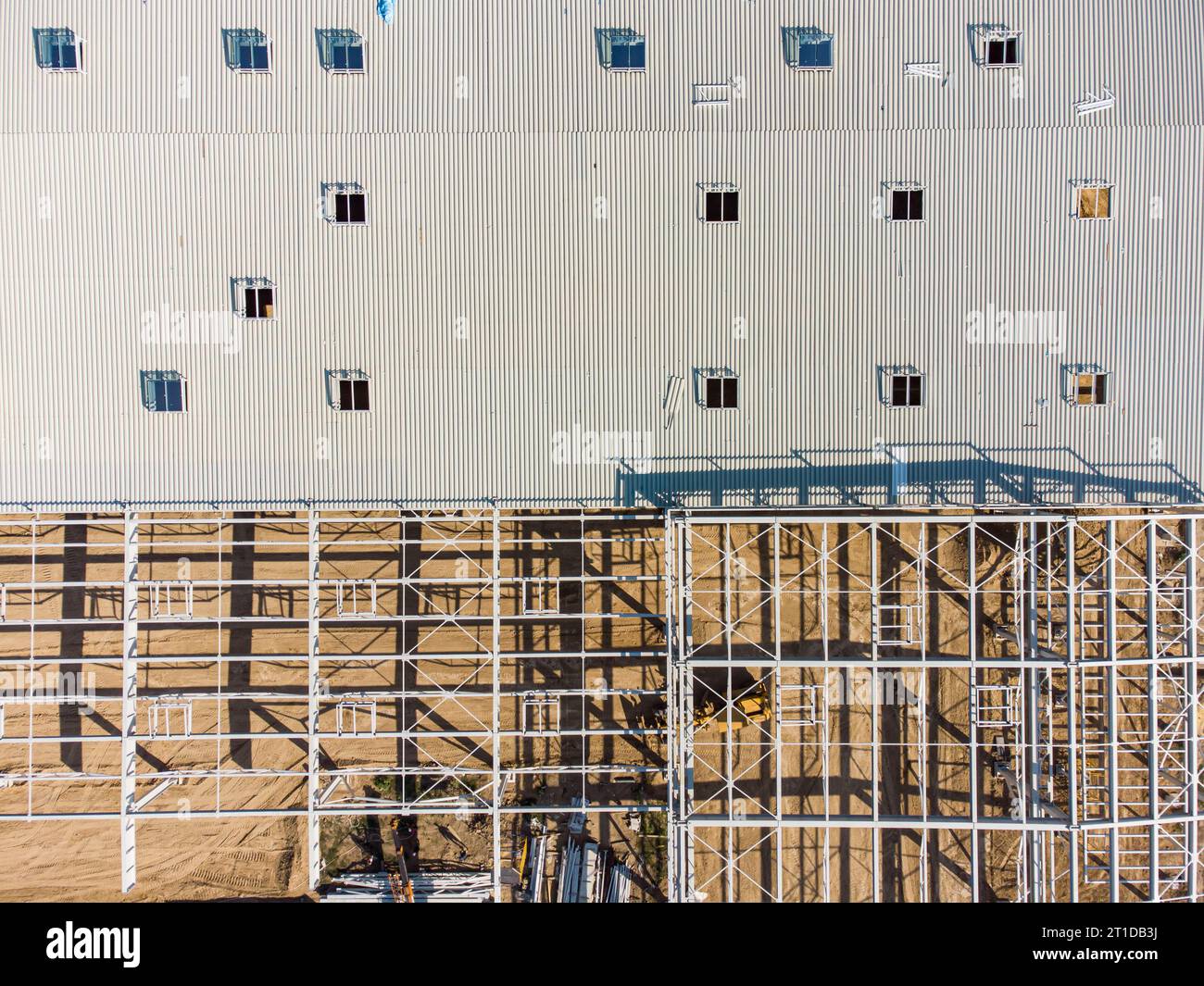 Aerial top view of warehouse construction from steel metal structure ...