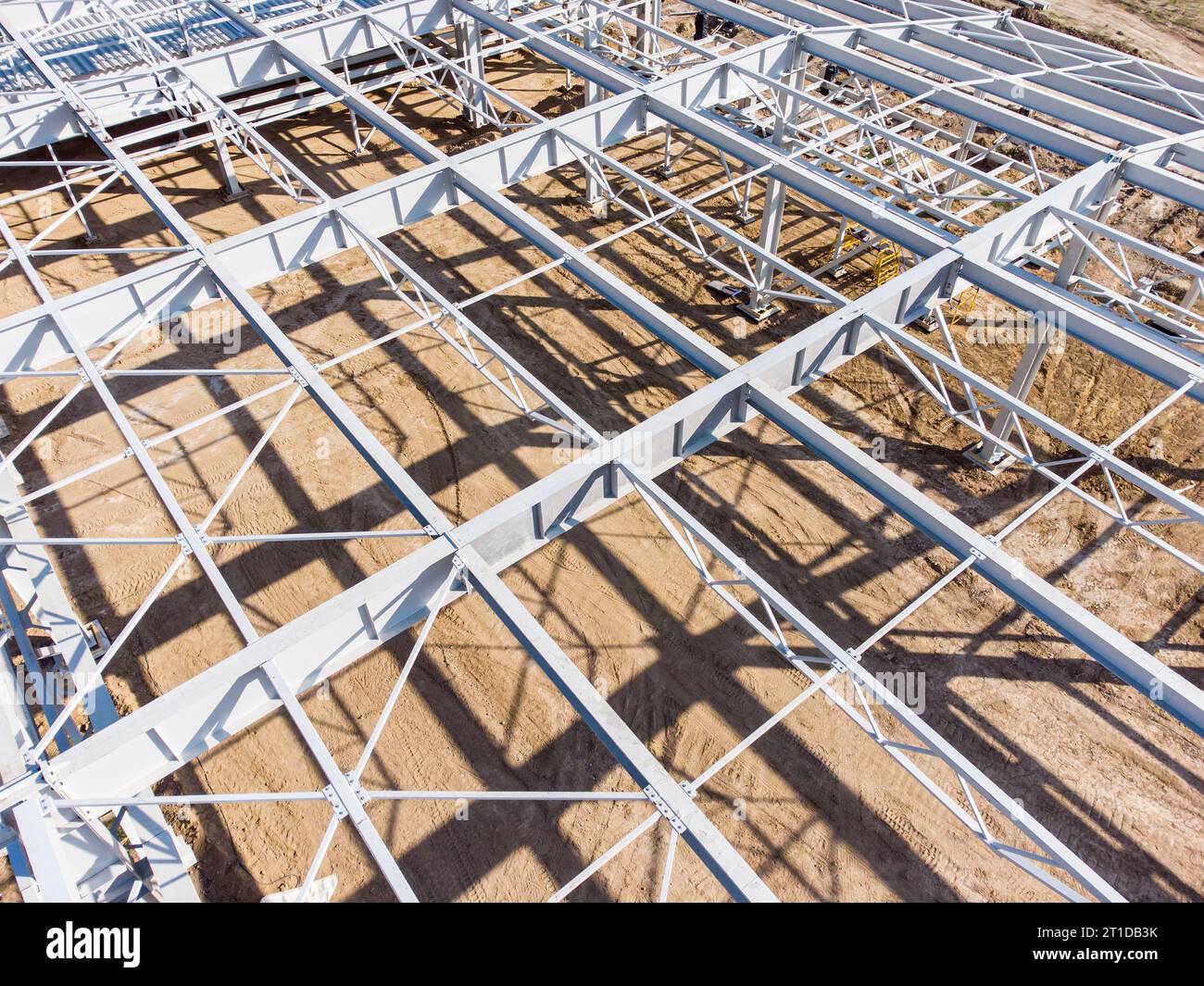 Aerial top view of warehouse construction from steel metal structure ...