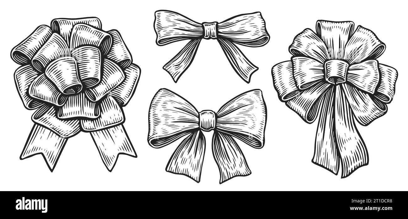 Hand drawn retro ribbon bow in sketch style. Vintage engraving ...
