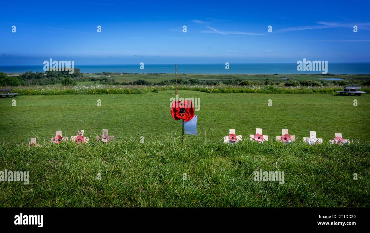 Row of crosses and poppies at British Normandy Memorial overlooking ...