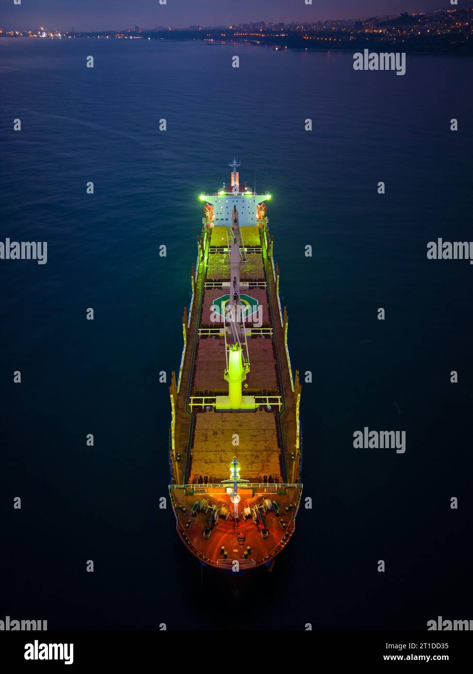Aerial top view cargo bulk carrier ship on the sea at night Stock Photo ...