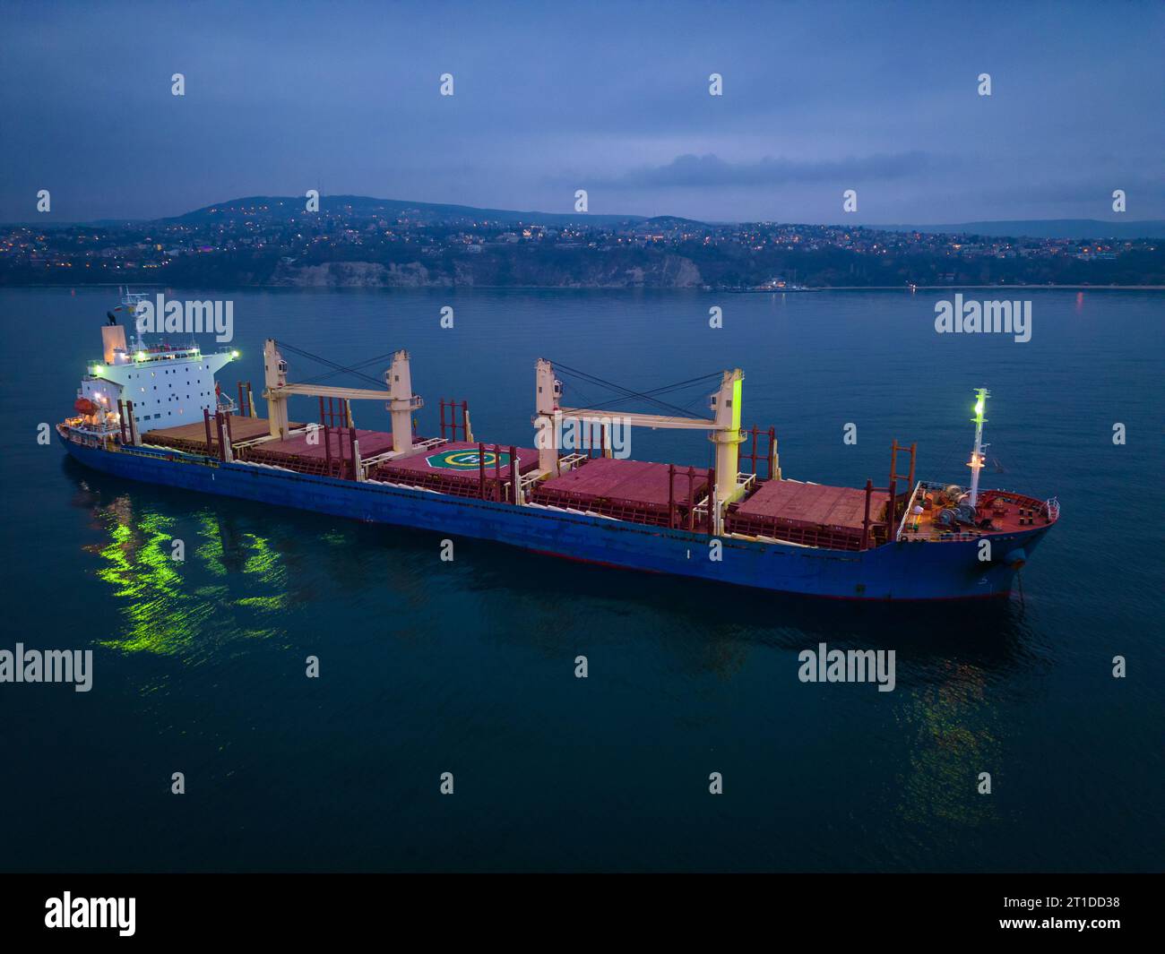 Aerial top view cargo bulk carrier ship on the sea at night Stock Photo ...