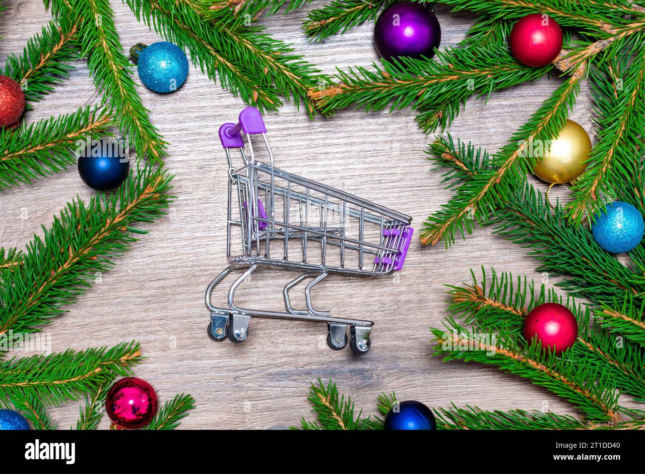 Trolley . Branches of a Christmas tree. Cart . Concept for Christmas ...