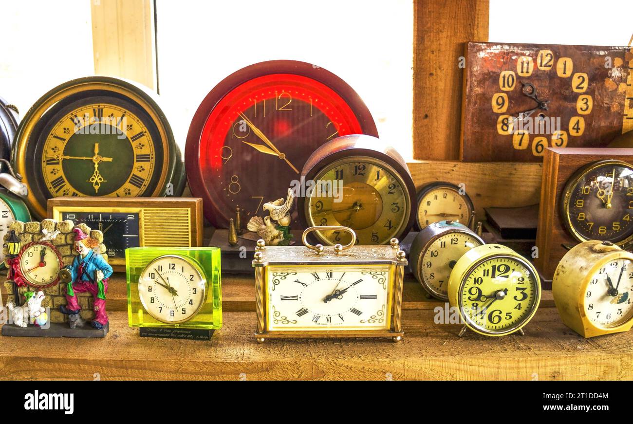 Old bracket, retro alarm clocks. Vintage group of alarm clocks. Concept ...