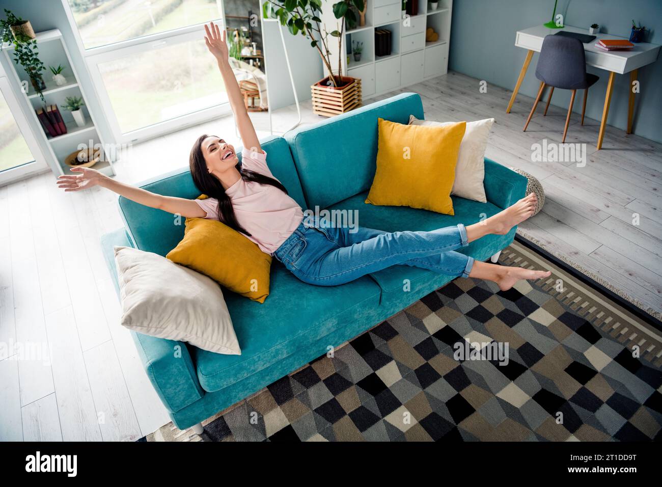 Top bove view photo of positive cheerful lady chilling comfy divan ...