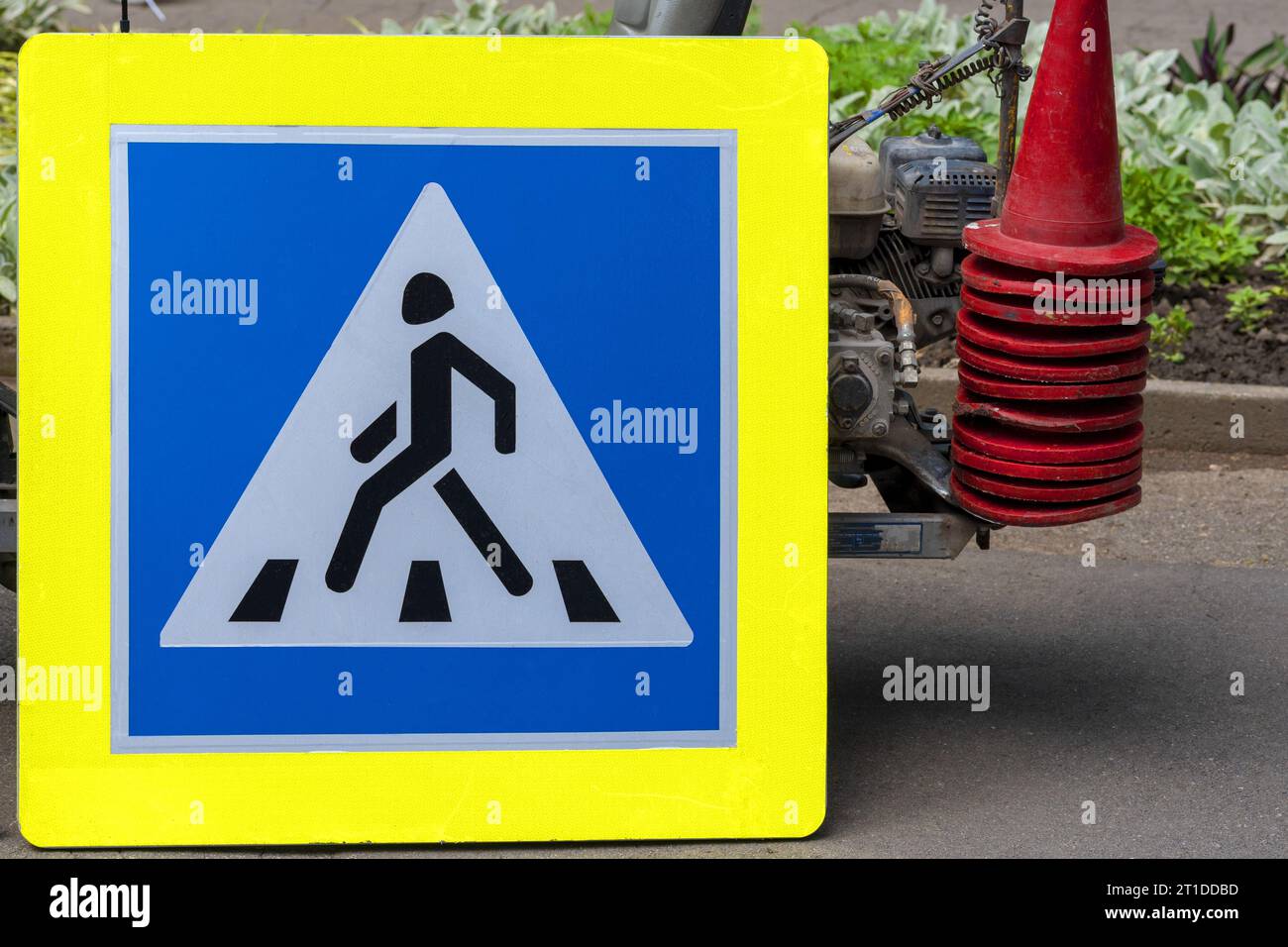 Road signs and the traffic light . Roadworks, road signs in a highway ...