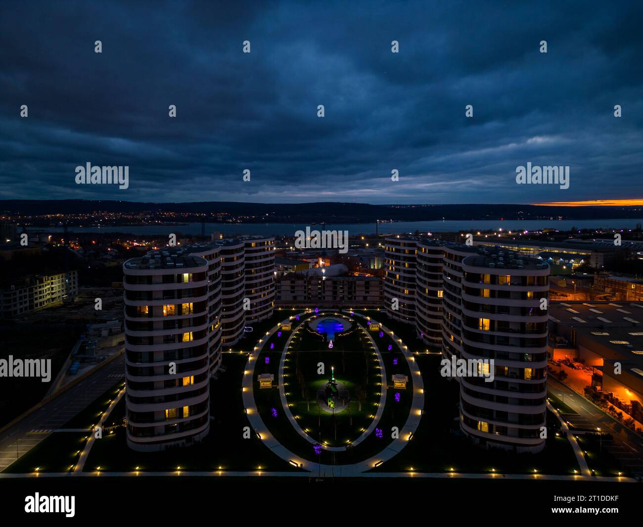 Aerial top view of modern residential complex in Varna city at night ...