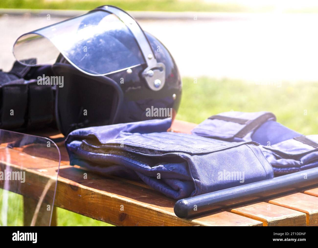 Police protective clothes. A helmet, armor a bulletproof vest, a ...