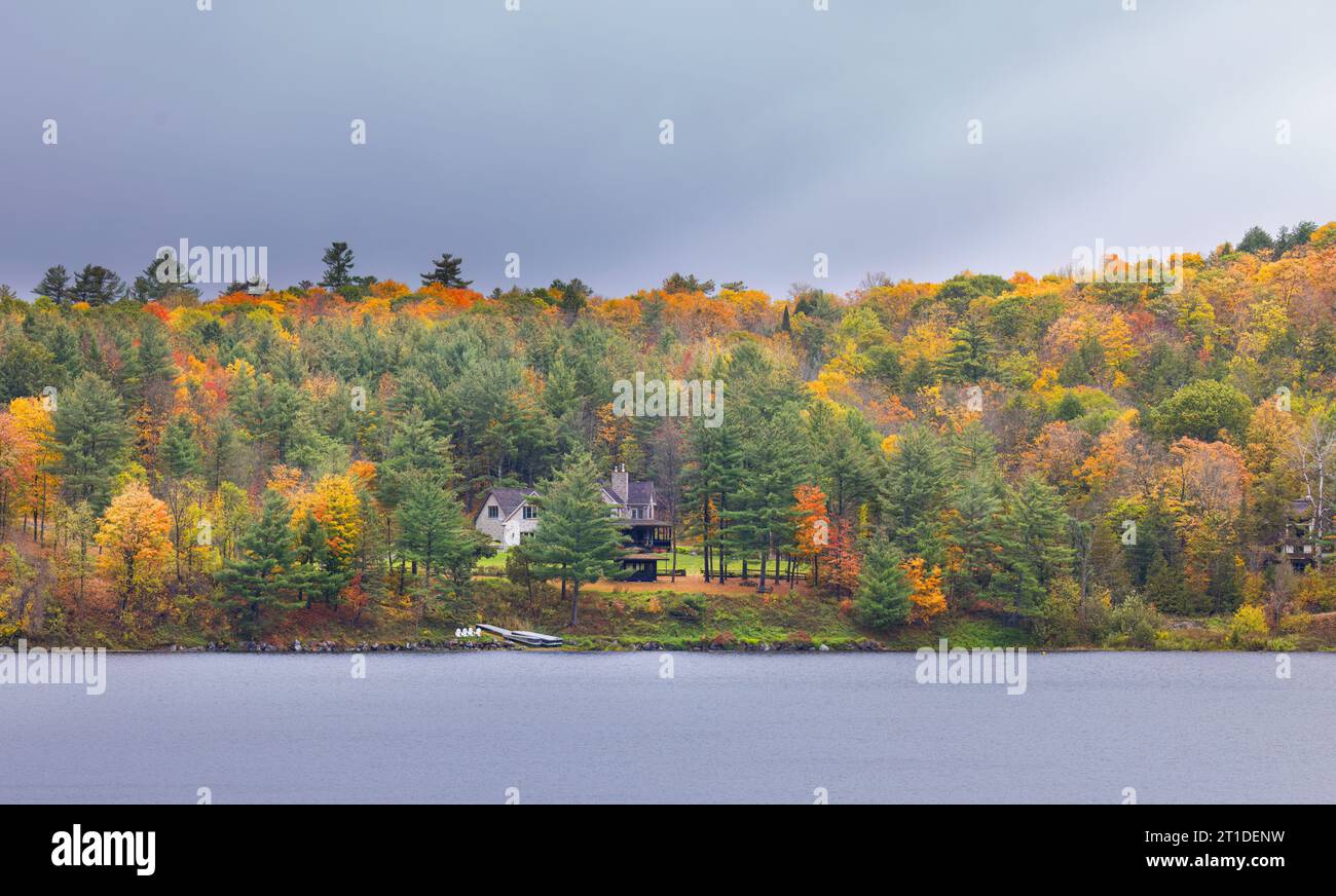Fall colours along the Gatineau river reflected in water, Quebec ...