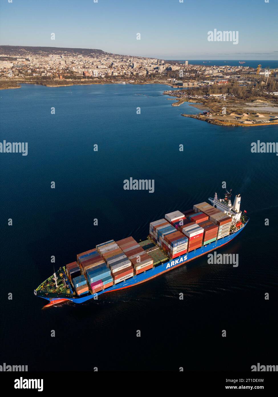 Varna, Bulgaria - 21 december 2022. Aerial top view of cargo container ...