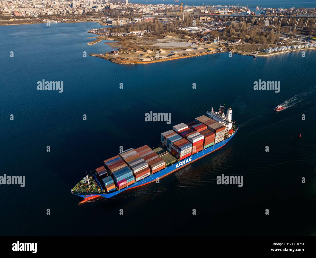 Varna, Bulgaria - 21 december 2022. Aerial top view of cargo container ...