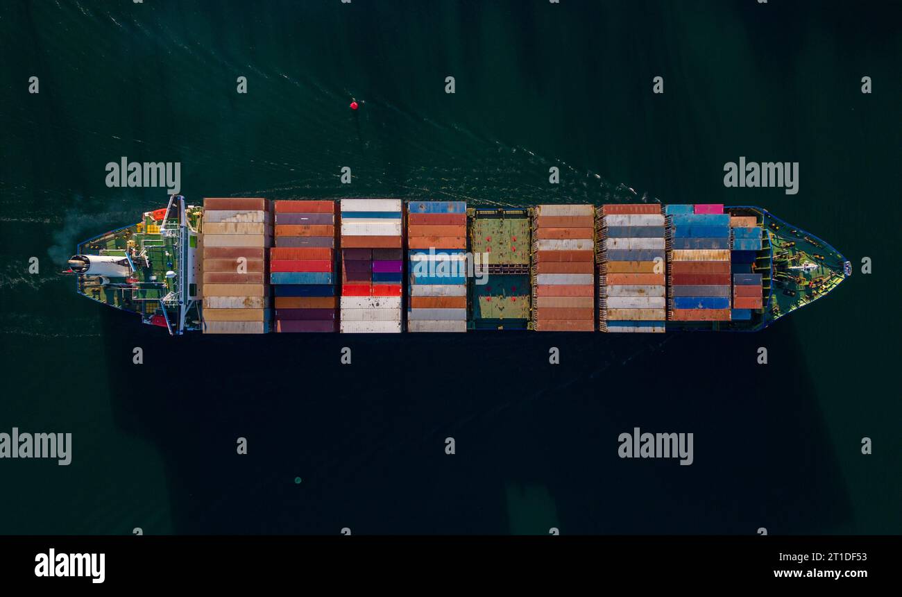 Aerial top down view container ship, shipping or transportation concept ...