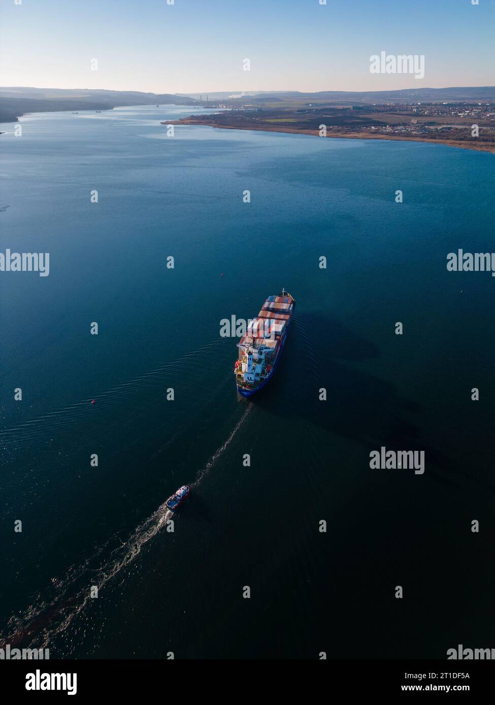 Aerial top down view container ship, shipping or transportation concept ...