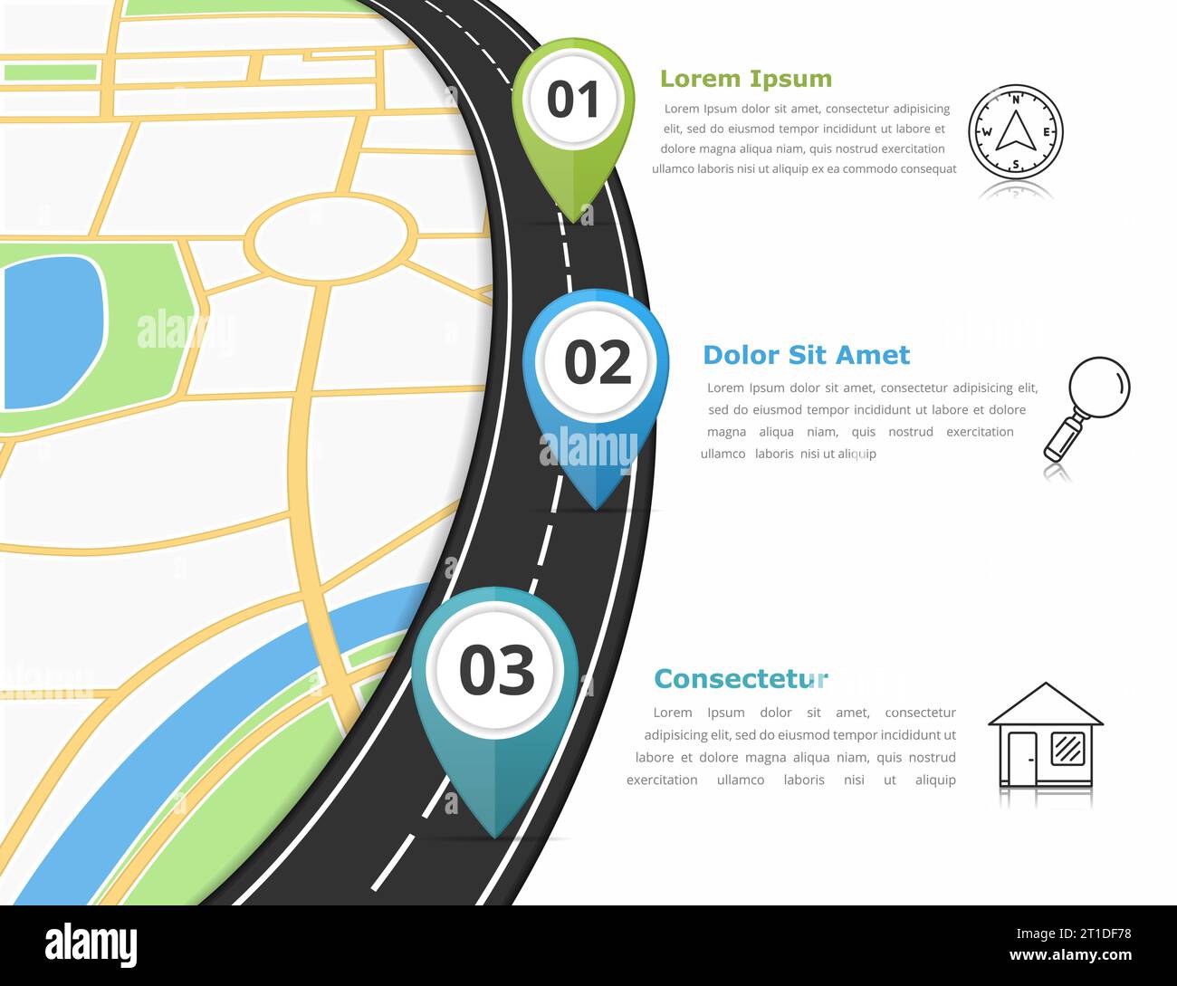 Road infographics template with three map markers and place for your ...
