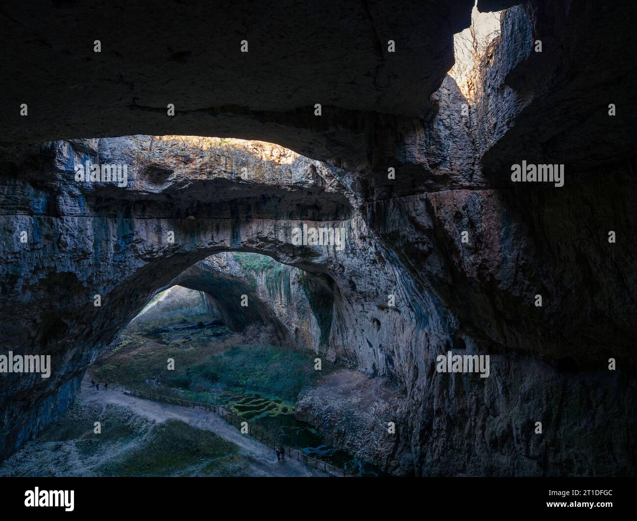 Drone aerial view inside Devetashka cave in north Bulgaria, near Lovech ...
