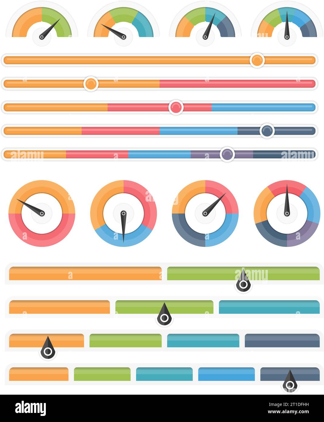 Round and horizontal indicators, gauges with different amount of ...