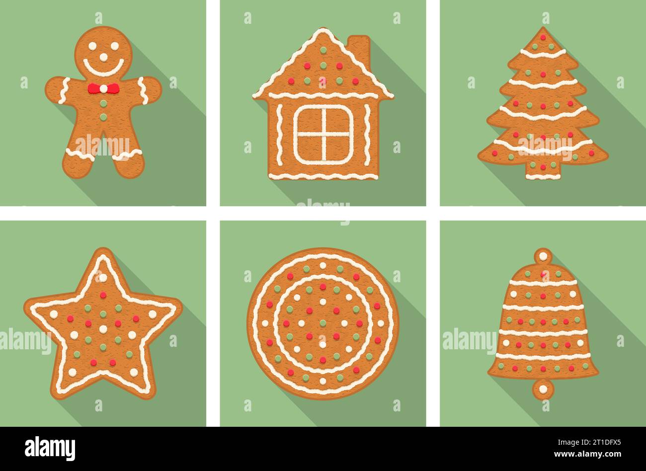 Set of gingerbread Christmas cookies with long shadows - man, tree ...