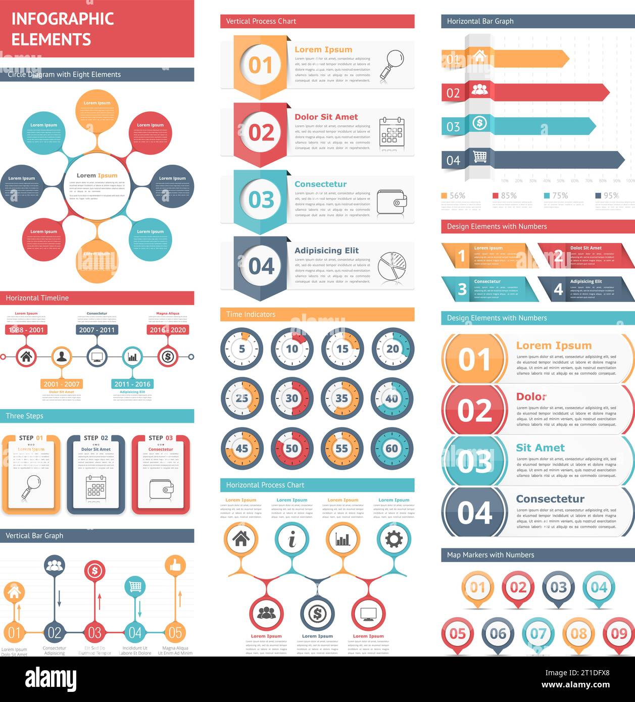 Infographic elements - circle diagram, timeline, bar graphs, design elements with numbers ...