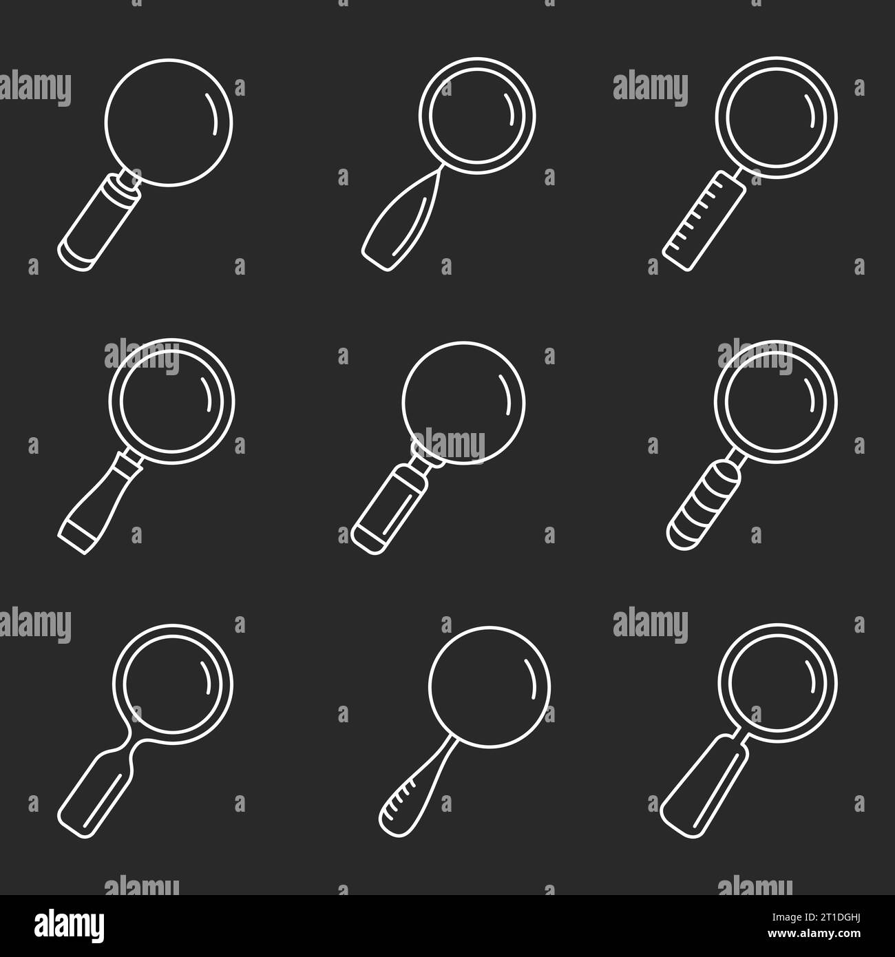 Set of 9 magnifying glass line icons on dark background, vector eps10 illustration Stock Vector ...