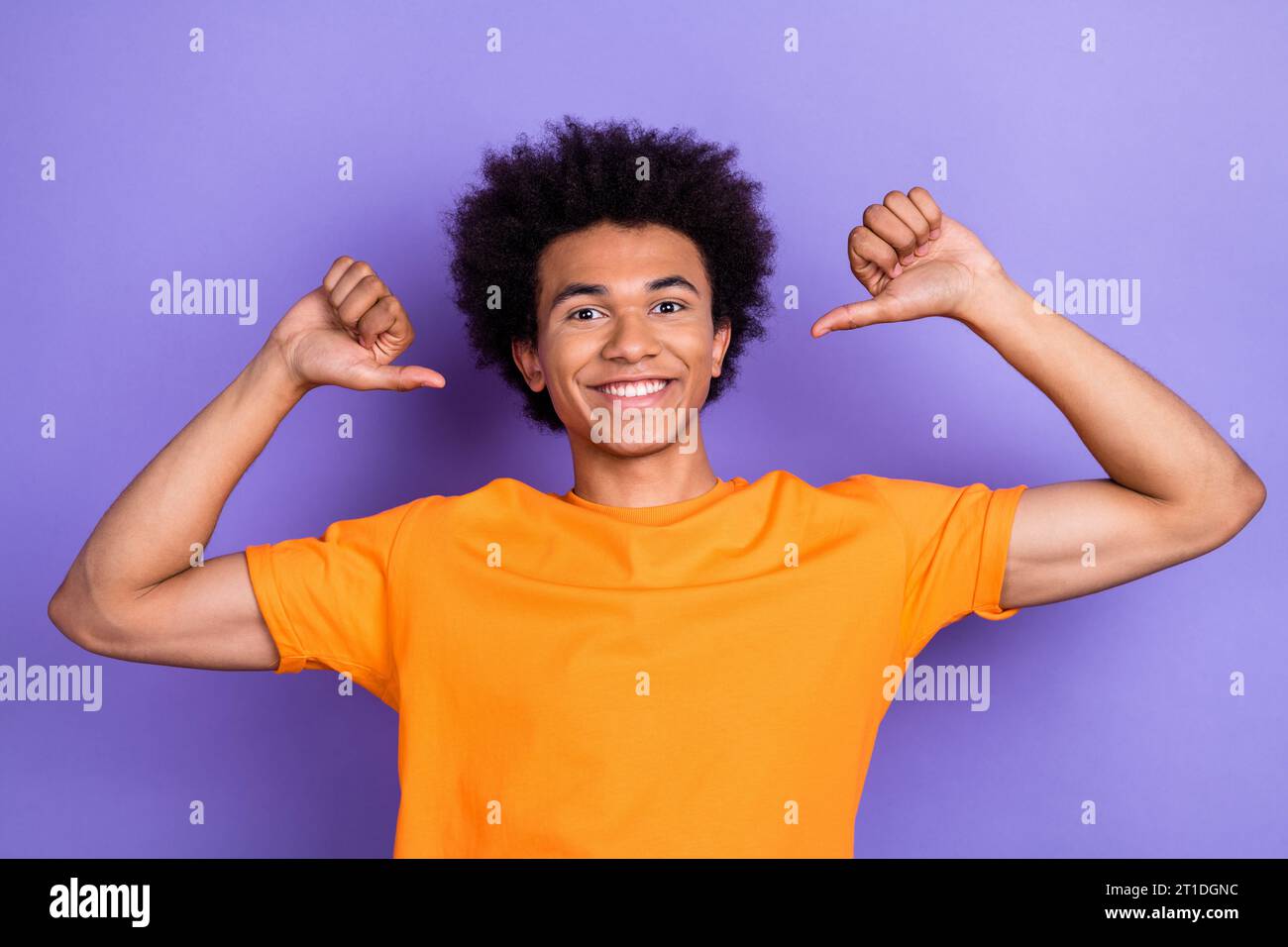 Portrait of funky positive person toothy smile point thumb fingers self ...