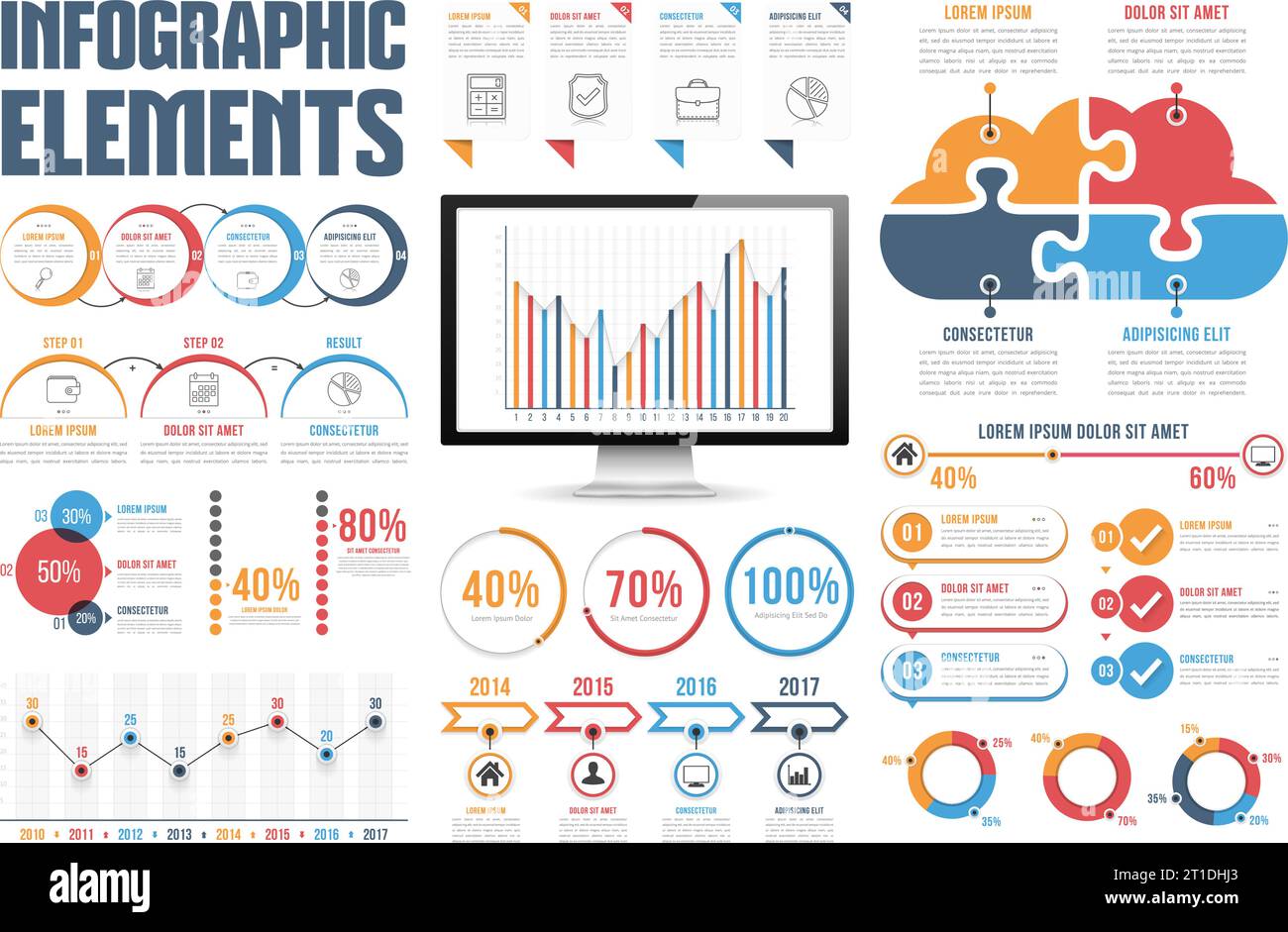 Infographic elements - process infographics, percents, bar chart and ...