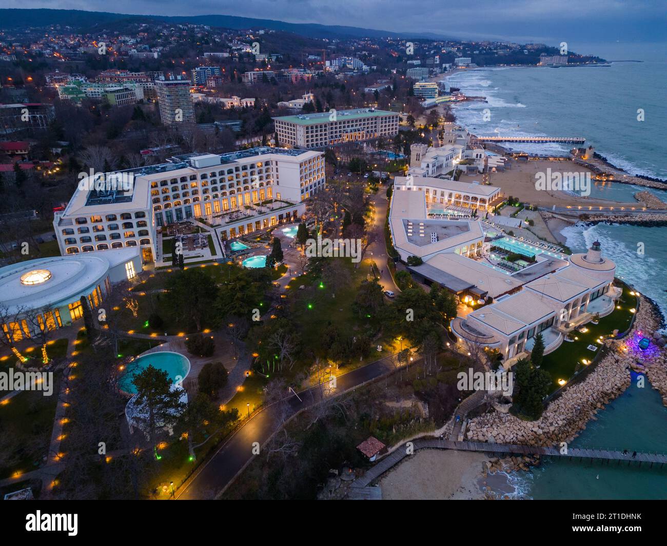 Aerial top view of several pools in the spa center on a sea coast at ...