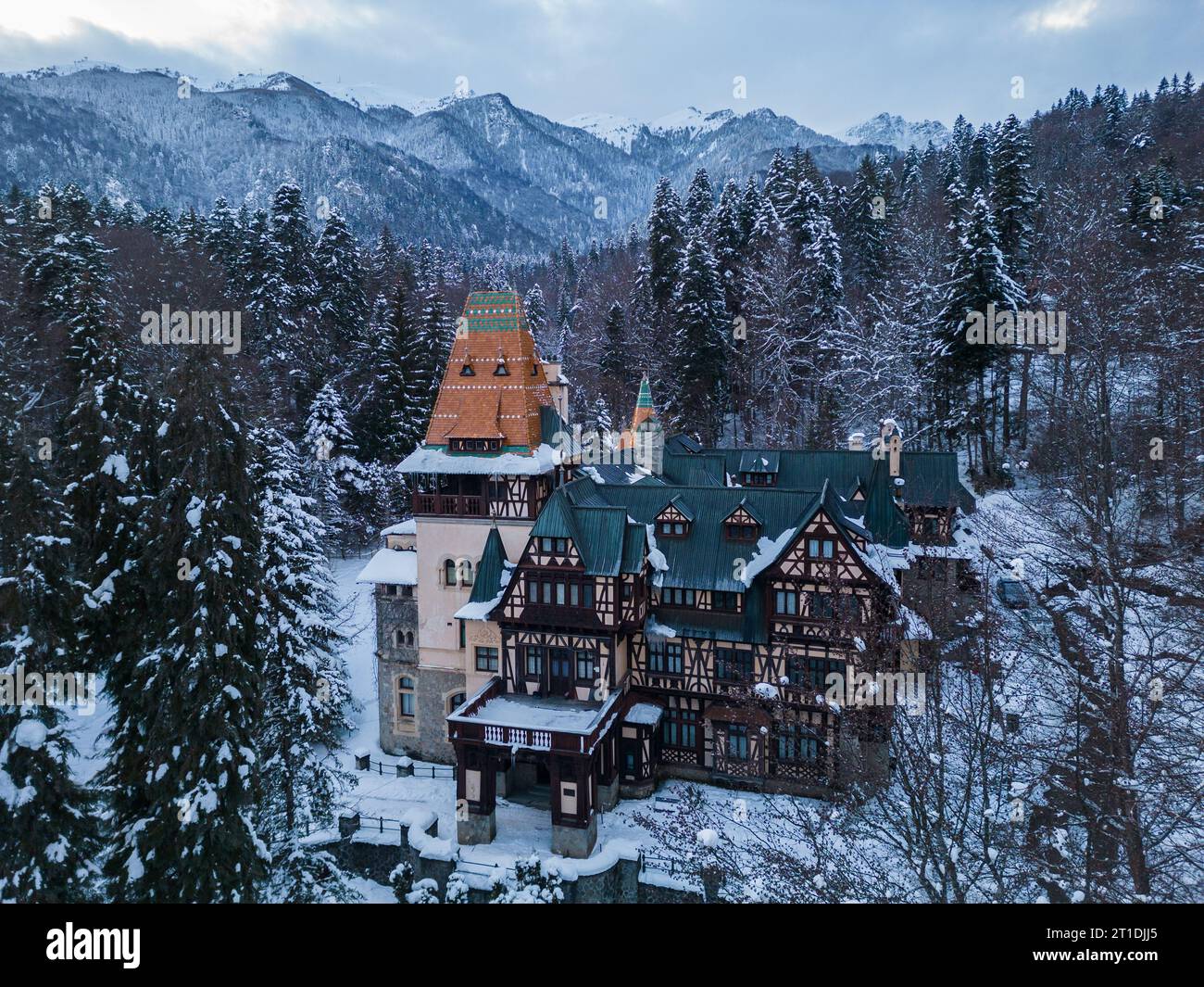 Aerial view of Pelisor castle in winter. Sinaia, Prahova county ...