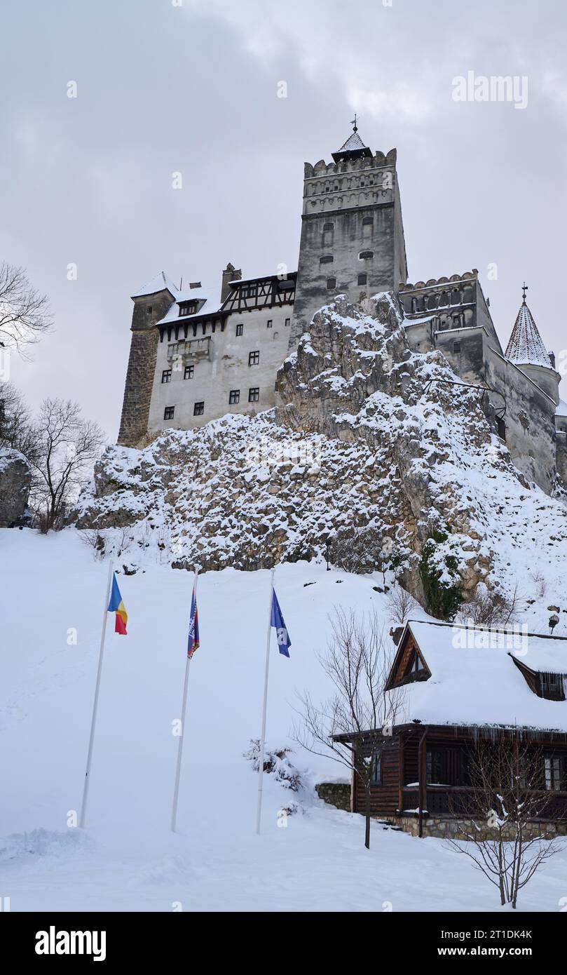 The snow covered medieval Castle of Bran, known for the castle of ...