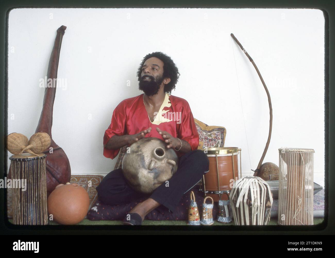 A 1983 posed portrait of Nana Vasconcelos, Brazilian jazz percussionist ...