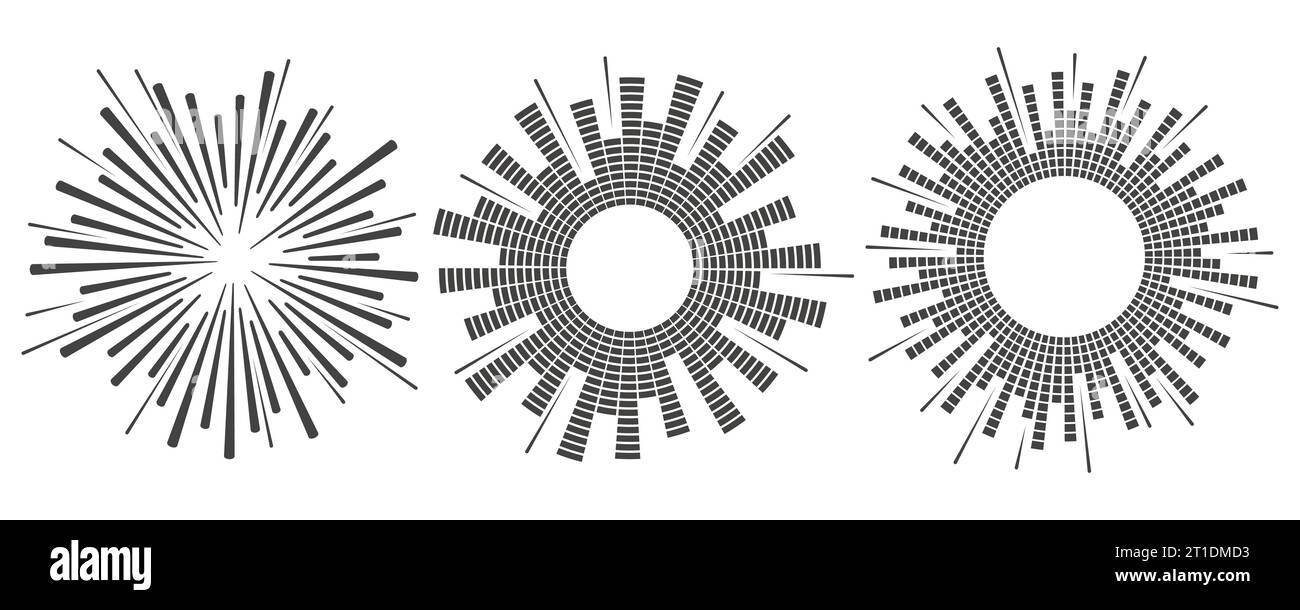 Circle sound wave. Audio music equalizer. Round circular icons set. Spectrum radial pattern and ...