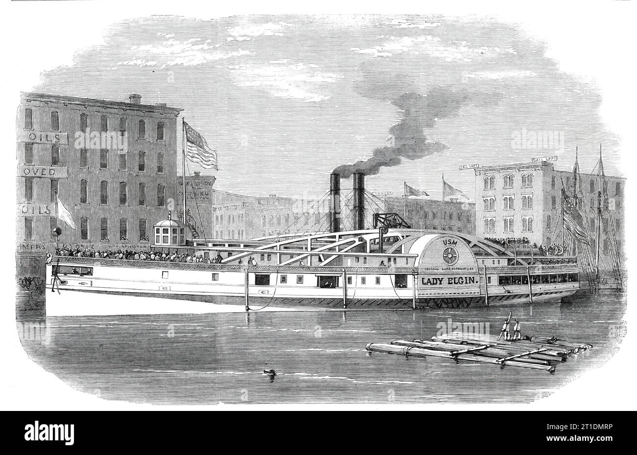 The lake steamer "Lady Elgin", as she lay at her wharf at Chicago on ...
