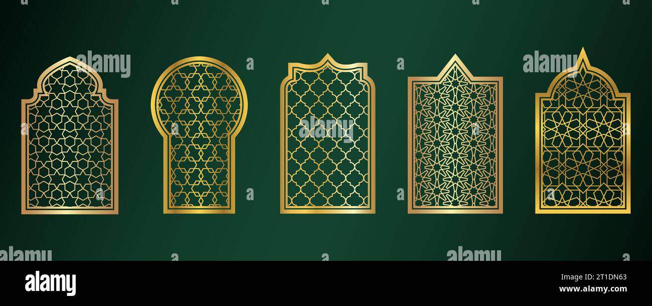 Golden Ramadan windows. Islamic door frames with ornament. Arabic ...
