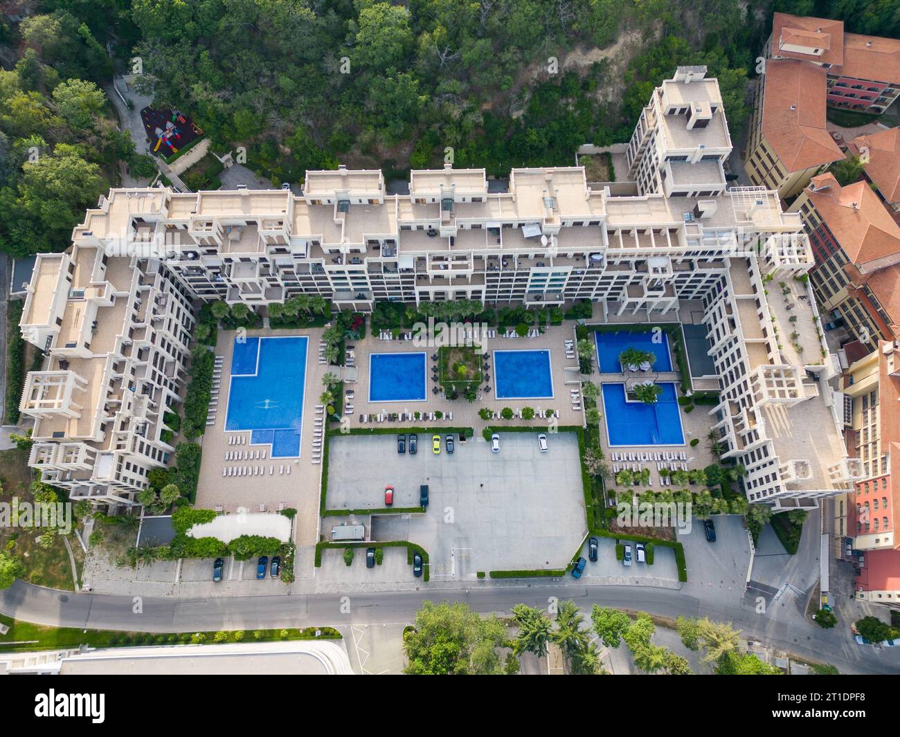 Aerial top view of beautiful luxury outdoor swimming pool in hotel ...