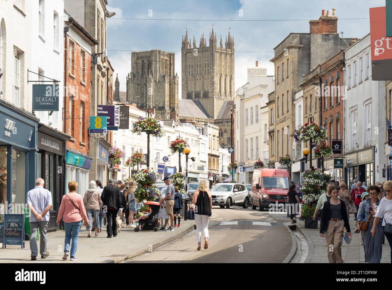 A view of Wells high street with the cathedral in the background. Photo ...