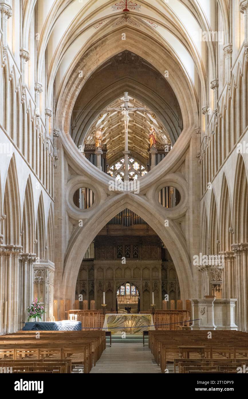 The scissor arch in the nave of Wells Cathedral, added by master mason, William Joy, in the ...