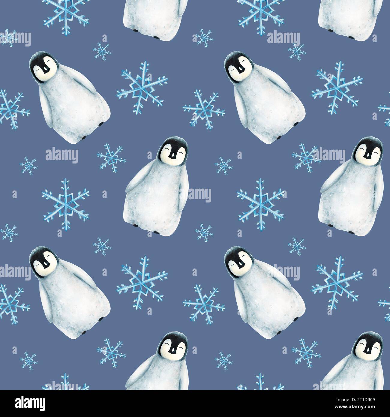 Watercolor seamless pattern with penguins and showflakes isolated. Hand ...