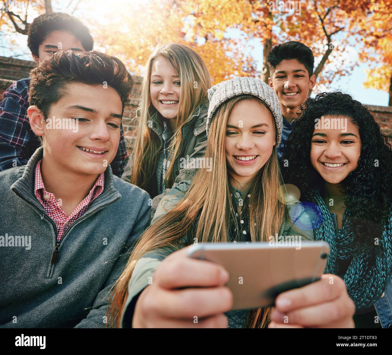 Selfie, boys or girl friends in park for social media, online post or ...