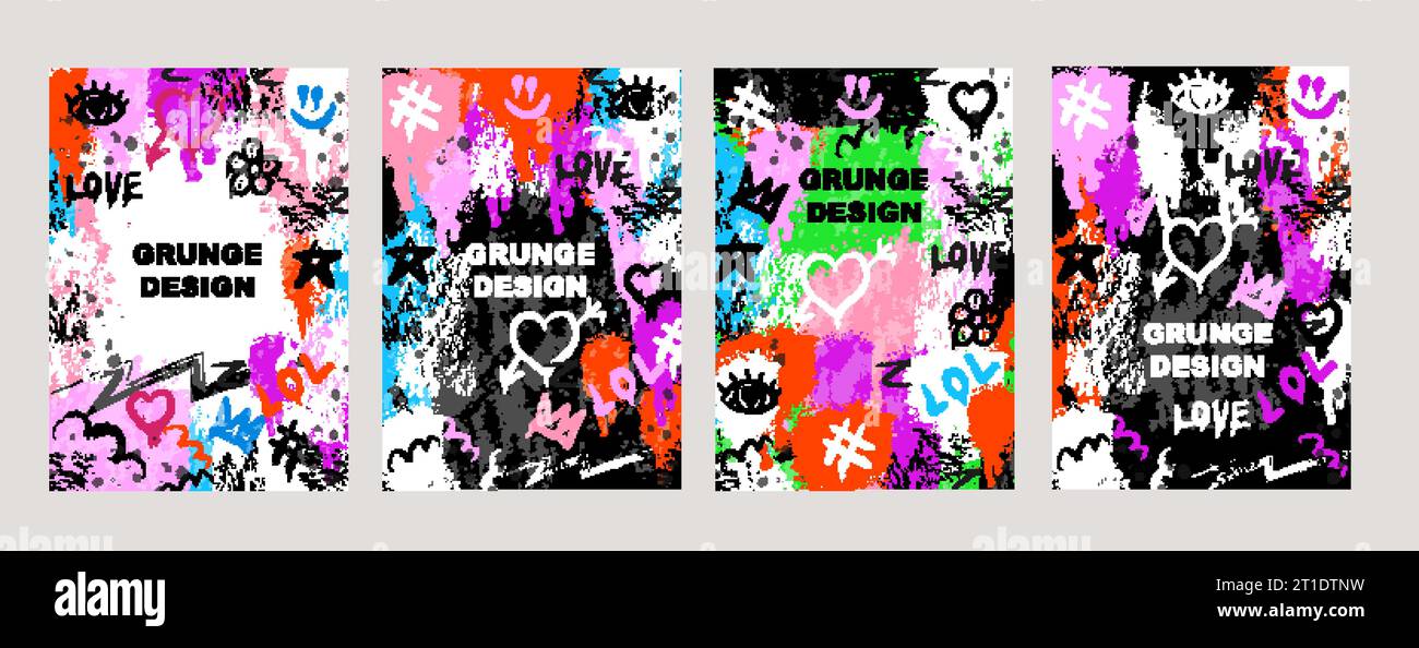 Abstract bright graffiti y2k punk posters set. With bricks, paint drips ...