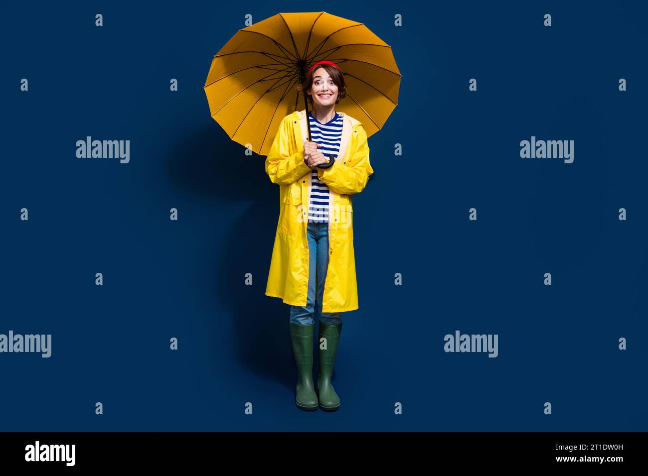 Full body photo of cute girlfriend hiding under yellow parasol wear ...